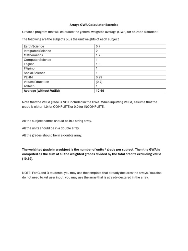 Arrays GWA Calculator Exercise Instructions | PDF
