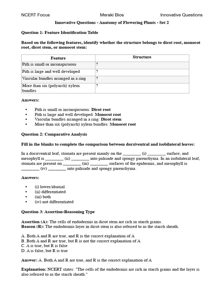 Anatomy of Flowering Plants - Innovative Questions - Set 2 | PDF ...