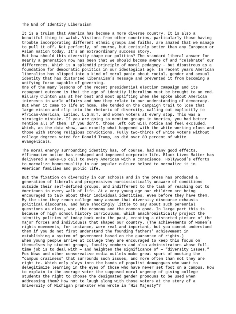 The End of Identity Liberalism | PDF | Liberalism | Democratic Party ...