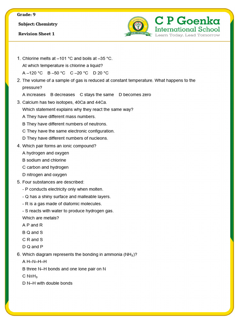 9th Grade Chemistry Revision Sheet | PDF | Chlorine | Ion