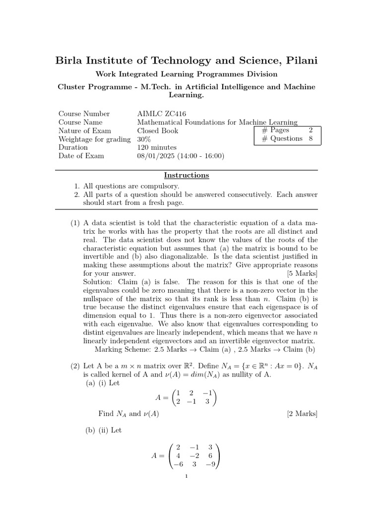 MidSemester AIML Solution Key Jan 2025 | PDF | Eigenvalues And ...