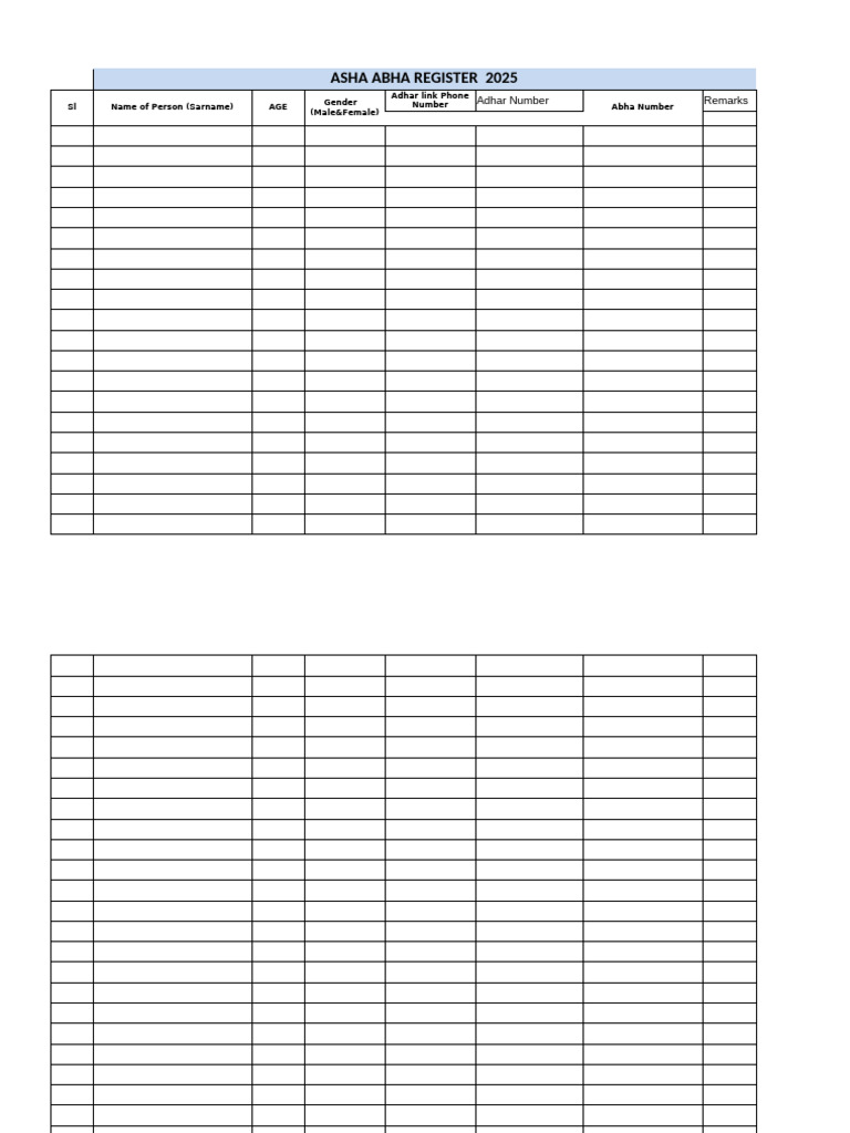 ASHA ABHA REGISTER 2025 Details | PDF