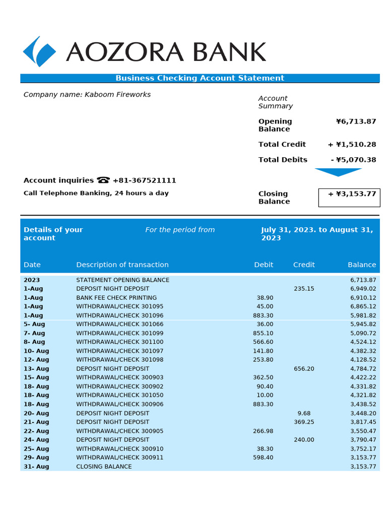 Aozora Bank organization checking account statement Word and PDF ...