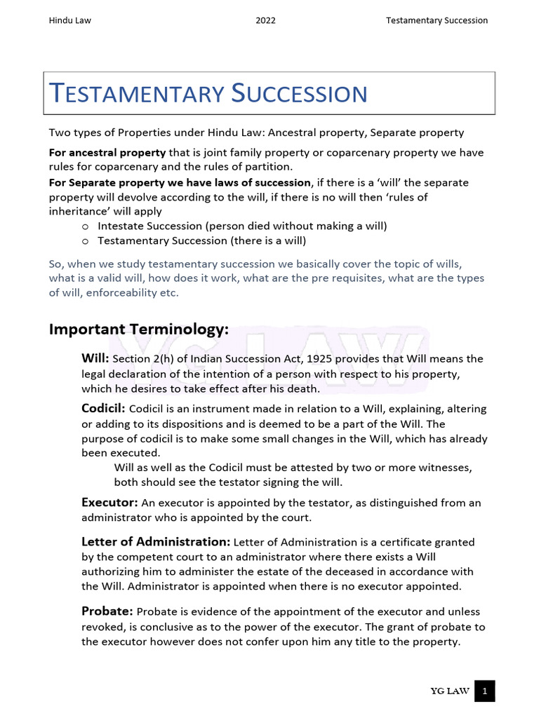 Testamentary Succession Hindu Law YG Notes | PDF | Will And Testament ...