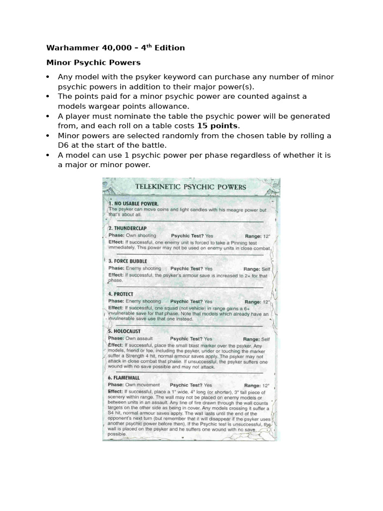 Warhammer 40K 4th Ed Minor Psychic Powers | PDF
