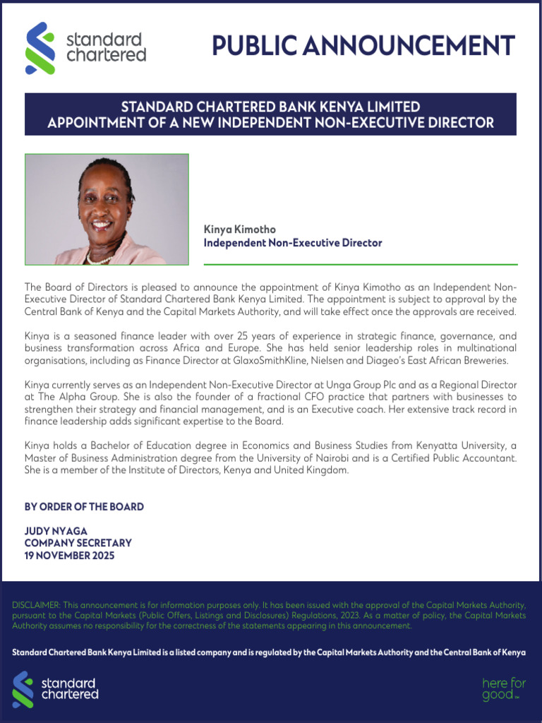 Standard Chartered Bank Kenya LTD Appointment of An Independent | PDF