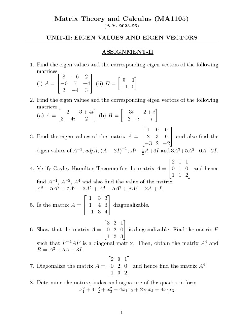 AY25-26 E1S1 MA1105 (Matrix Theory and Calculus) Assignment-II | PDF | Matrix (Mathematics ...