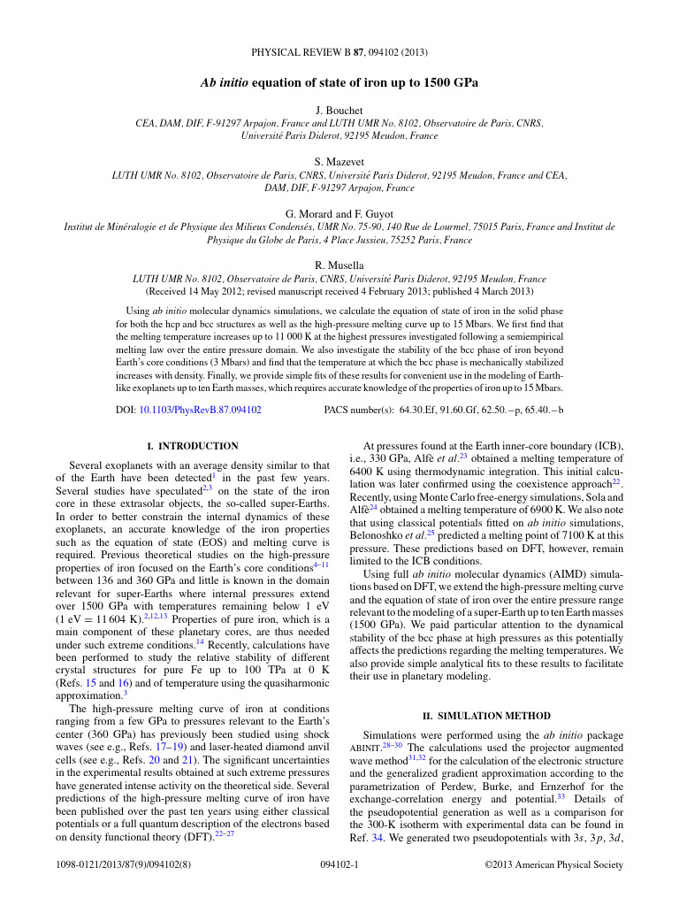 Ab Initio Equation of State of Iron Up To 1500 GPa | PDF | Temperature ...