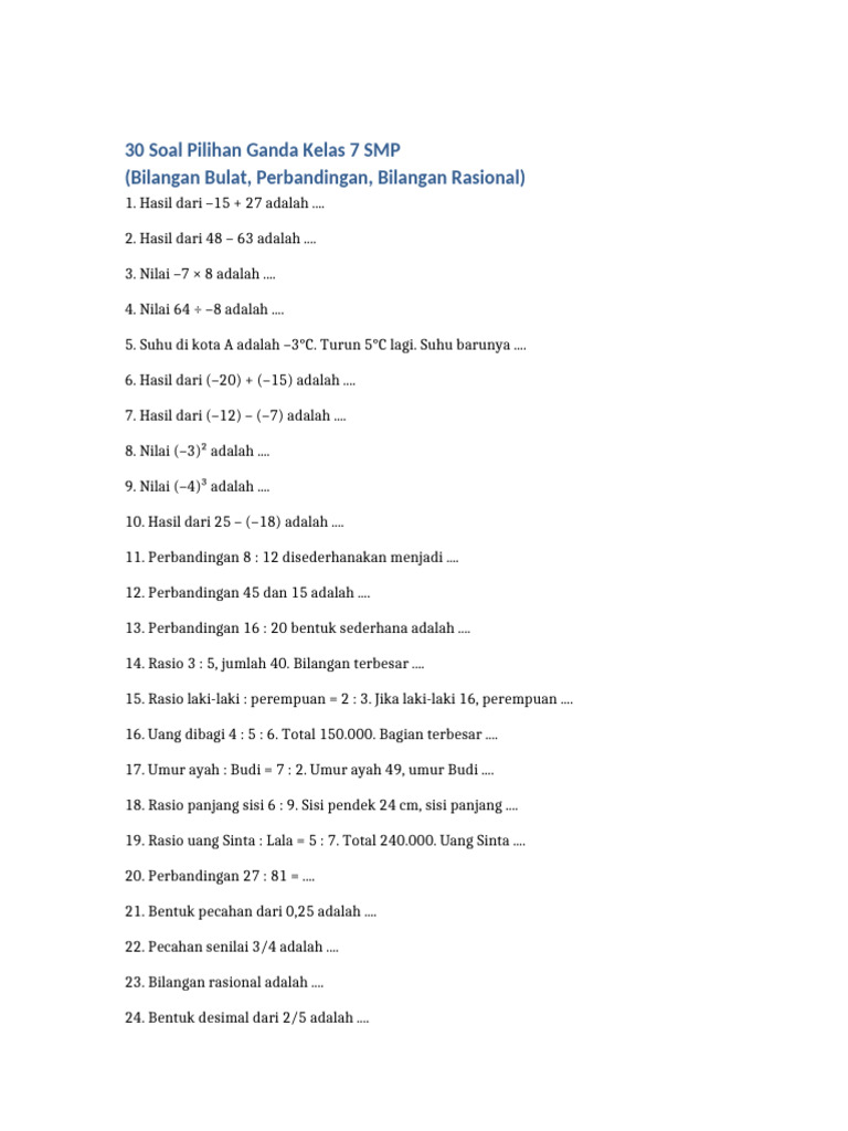 Soal Pilihan Ganda Matematika Kelas 7 | PDF