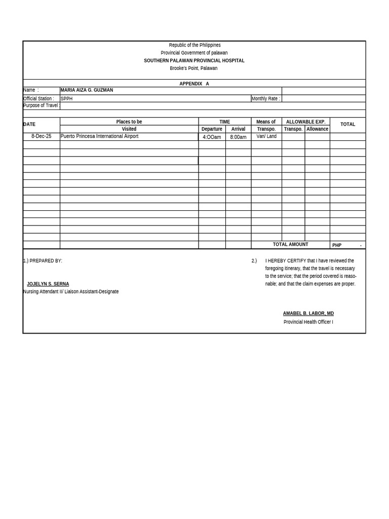 Travel Itinerary and Expense Certification | PDF