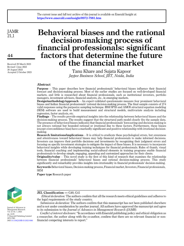 Behavioural Biases and Rational Decision Making Process of Financial ...