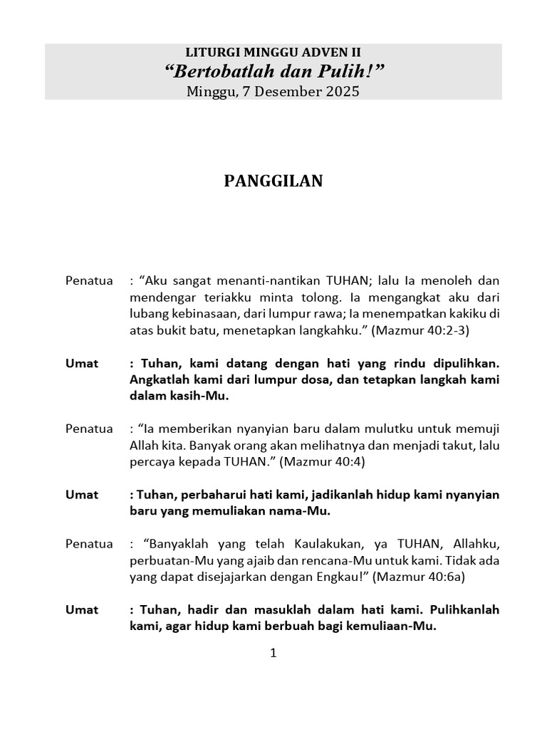 Liturgi Adven II: Bertobat dan Pulih | PDF