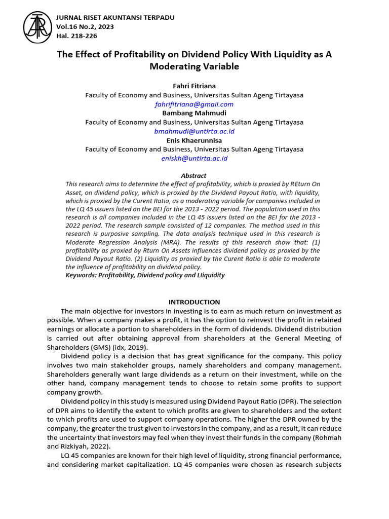 The Effect of Profitability On Dividend Policy With Liquidity As A ...