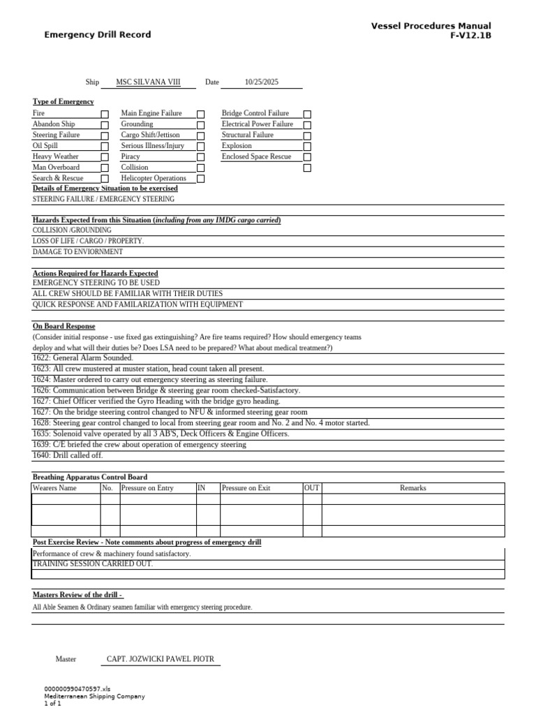 Emergency Drill Record for MSC Silvana VIII | PDF | Ships | Water Transport