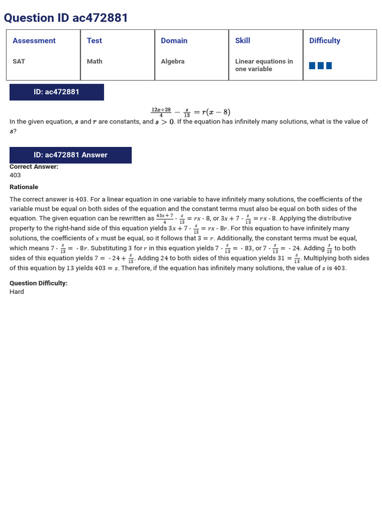 SAT Suite Question Bank 1 - 150 Answer | PDF | Equations | System Of ...