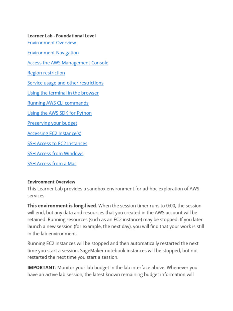 AWS Learner Lab Environment Guide | PDF | Amazon Web Services ...