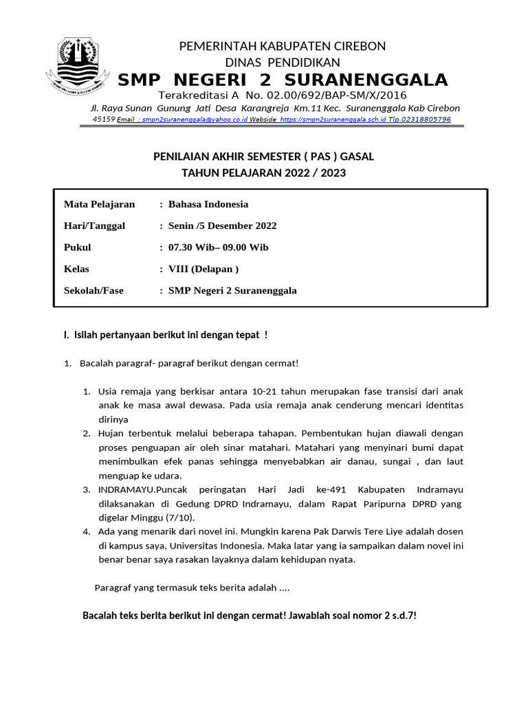 Soal Pas Bindo Kls 8 | PDF