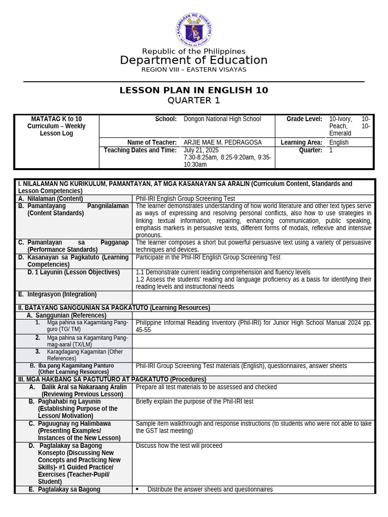 Dlp-English 10 q1-Week 6-Day 1-July 21, 2025 | PDF | English Language ...