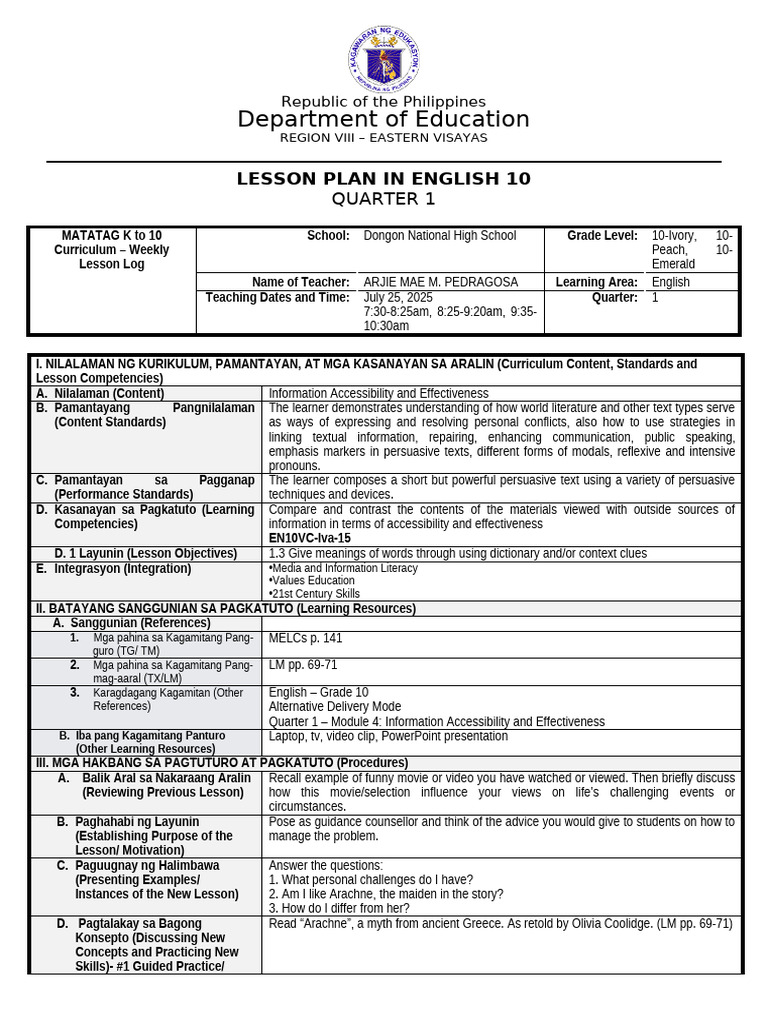 English 10 Lesson Plan: Quarter 1 Overview | PDF | Learning | Vocabulary