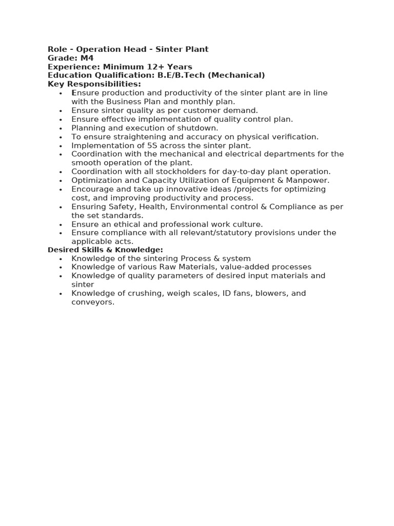JD - Operation Head - Sinter Plant | PDF