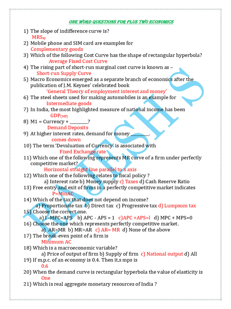 One Word Questions for Plus Two Economics | PDF | Macroeconomics | Demand