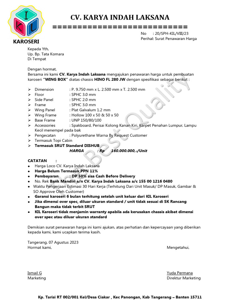 20 Wing Box FL 280 JW ( Tata Komara Bogor ) | PDF
