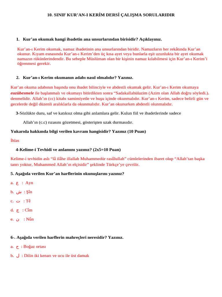 Sınf Kur'an-I Kerim Dersi | PDF