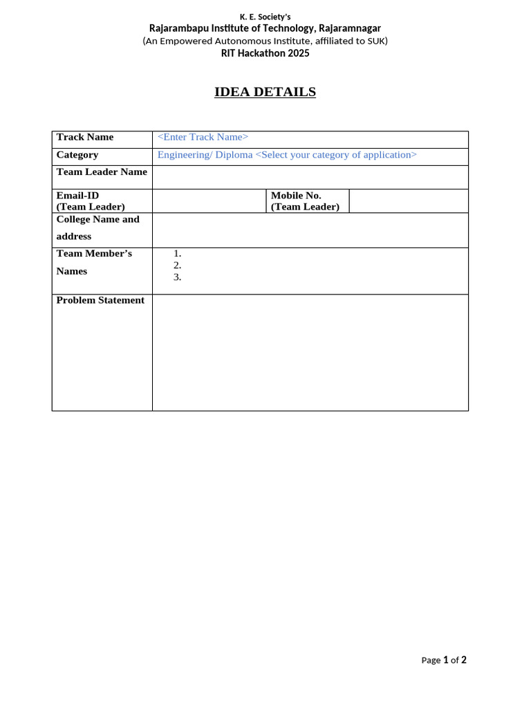 RIT Hackathon 2025 Idea Submission Guide | PDF