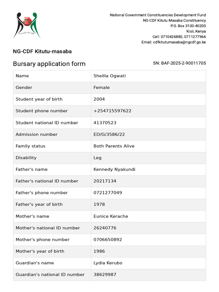 NG-CDF Kitutu Masaba Bursary Form | PDF