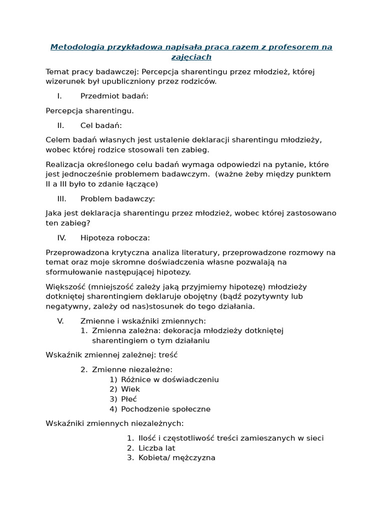 Metodologia Koncepcja Badań Typowa Przykład | PDF