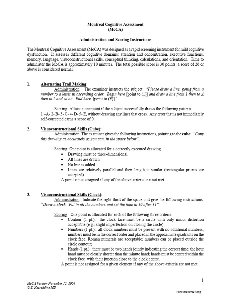 MoCA Cognitive Assessment Guide | PDF