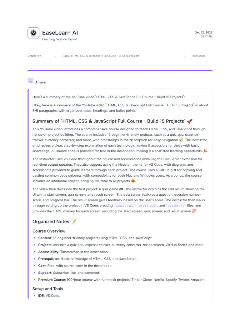 EaseLearn HTML, CSS & JavaScript Full Course Build 15 Projects 2025-12 ...