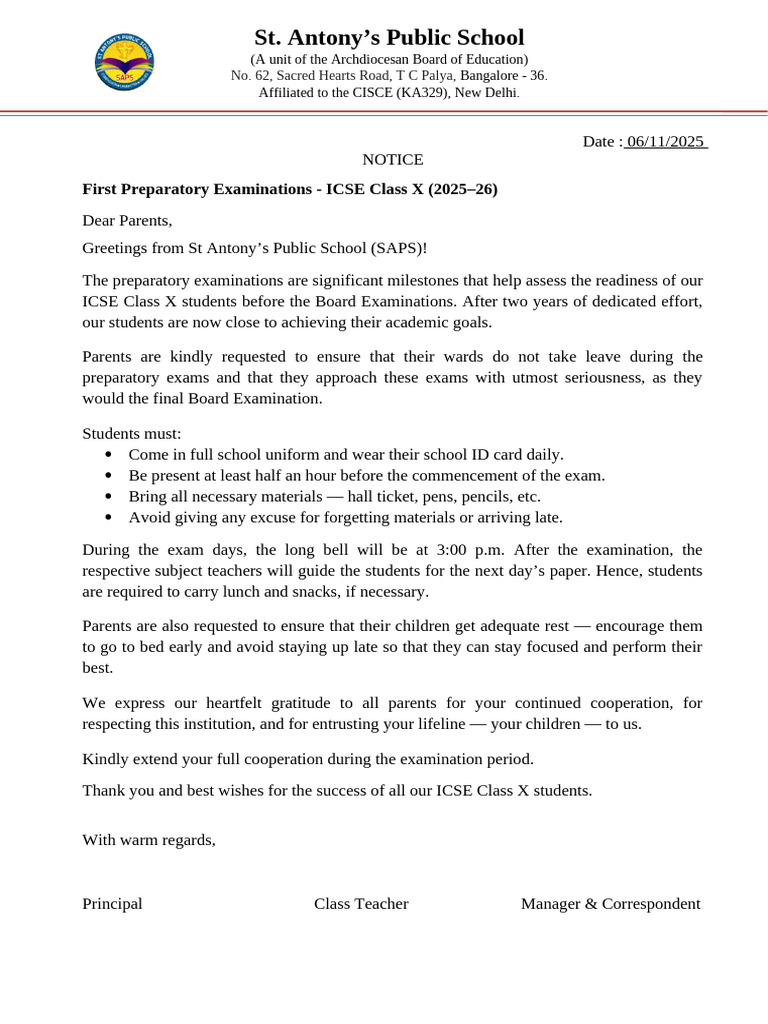 ICSE Class X Preparatory Exam Notice | PDF