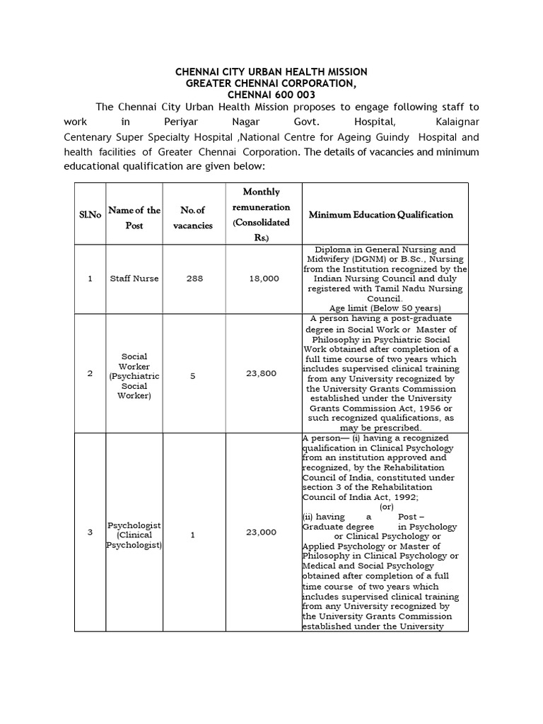 Chennai Urban Health Mission Job Openings | PDF | Psychologist ...