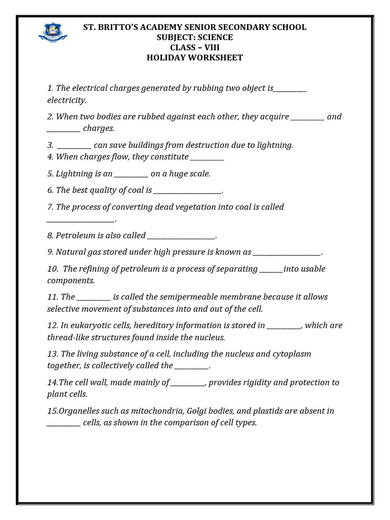 Class VIII Science Holiday Worksheet | PDF