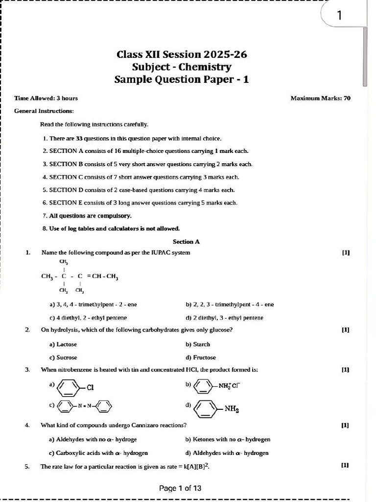 Sample Paper Chem Set - 1 | PDF