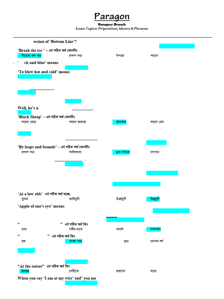 Exam Topics: Prepositions & Idioms | PDF | Semantic Units | Linguistics