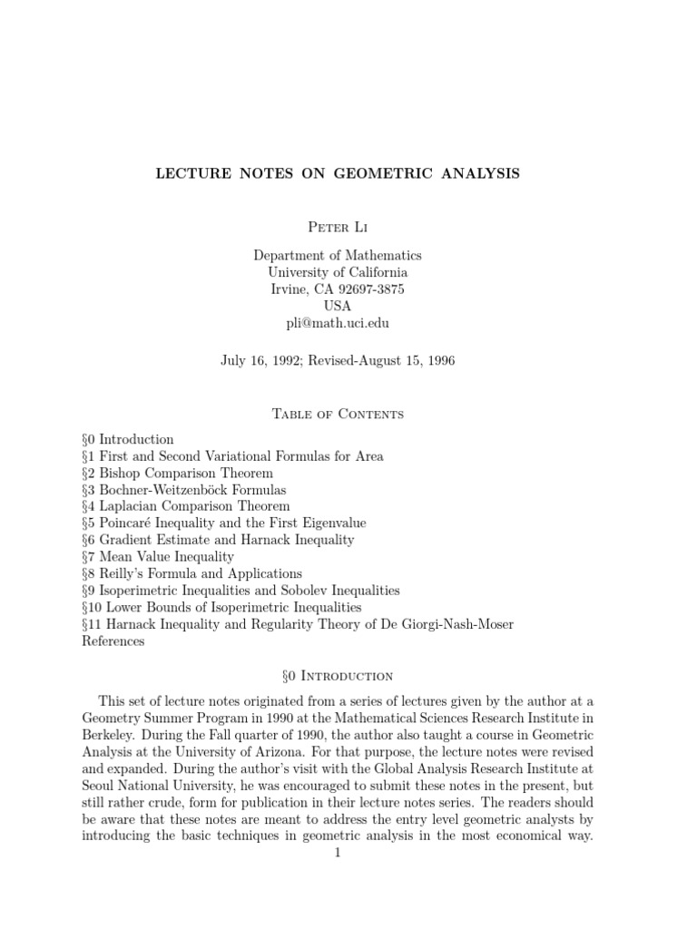 Geometric Analysis Lecture Notes | PDF | Curvature | Mathematics