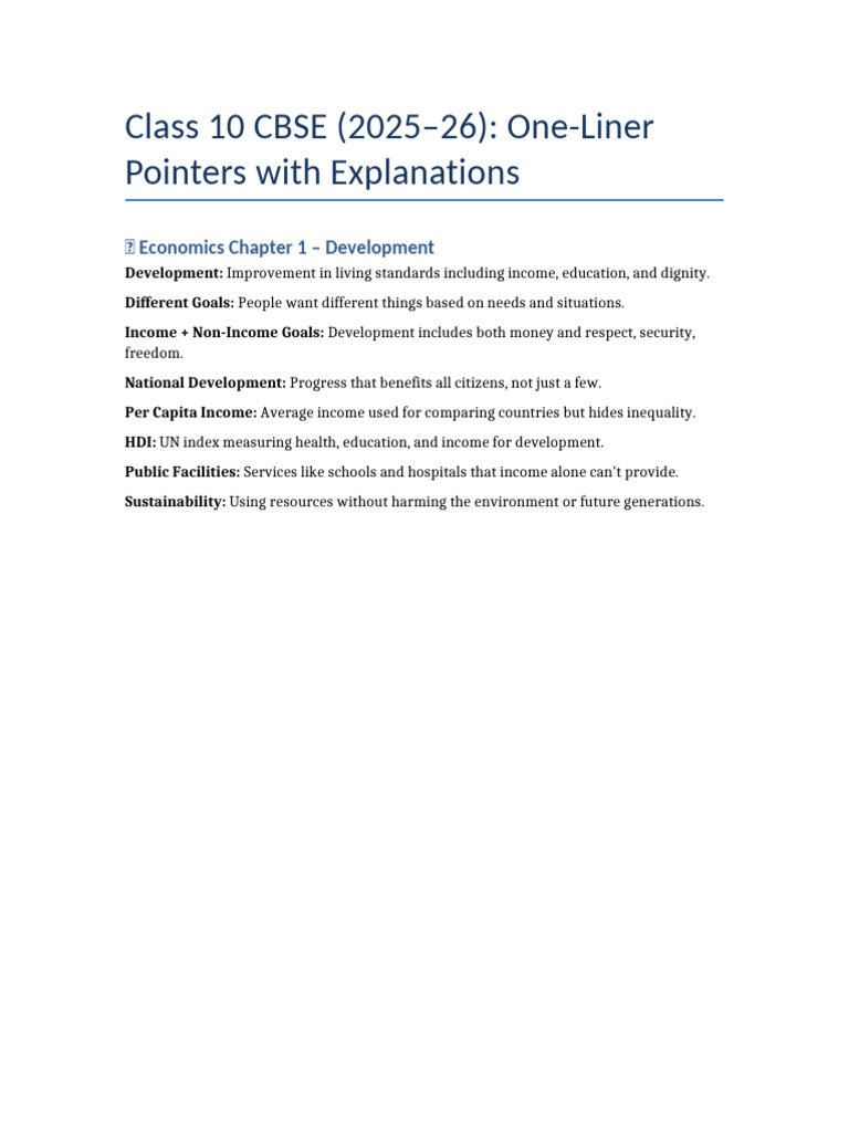Class 10 One Liner Pointers Explained | PDF