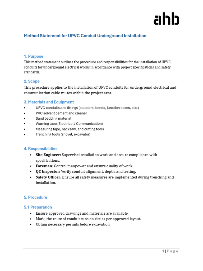 Method Statement For UPVC Conduit Underground Installation | PDF ...