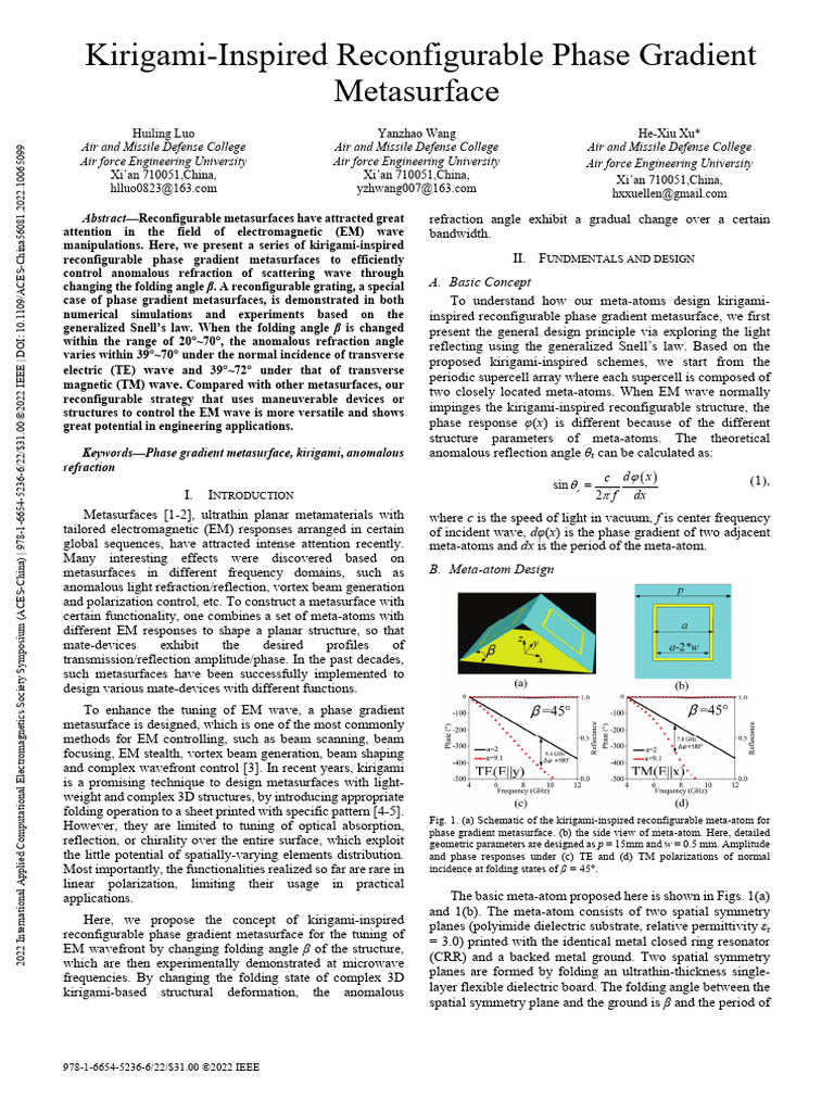Kirigami-Inspired Reconfigurable Phase Gradient Metasurface | PDF ...