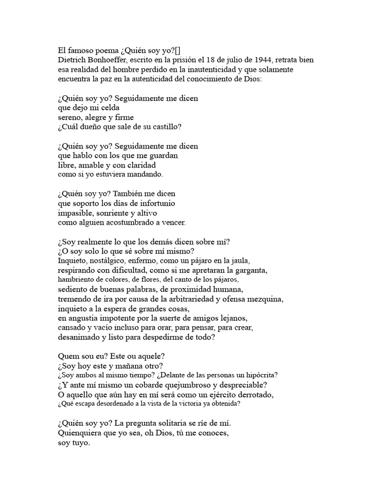 Poema "¿Quién soy yo?" de Bonhoeffer | PDF