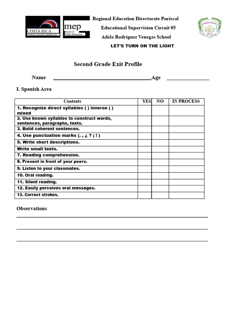 Second Grade Exit Profile Assessment | PDF