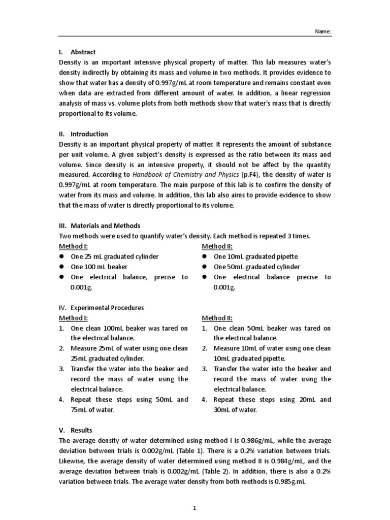 Lab 2 Density of Water | PDF | Density | Mass
