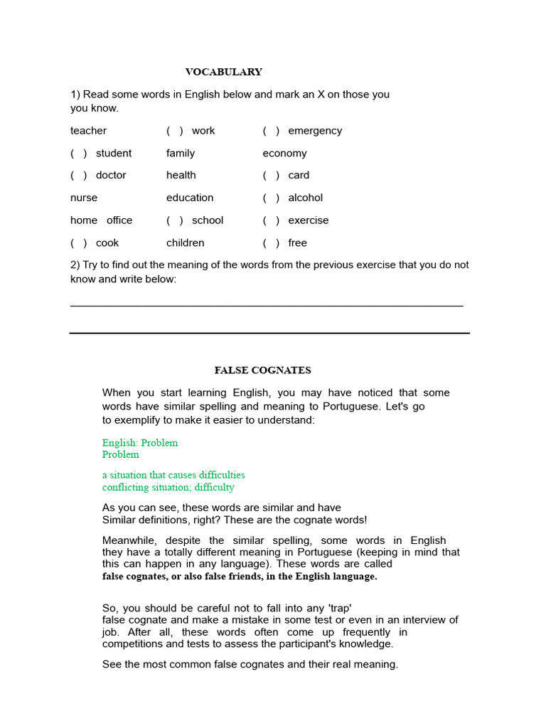 Vocabulary, False Cognates | PDF | English Language | Vocabulary
