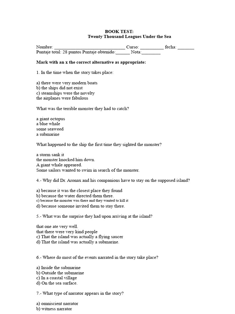 Twenty Thousand Leagues Quiz & Answers | PDF