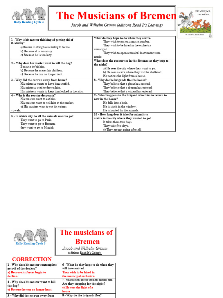 Reading Rally Sheet The Musicians of Bremen | PDF