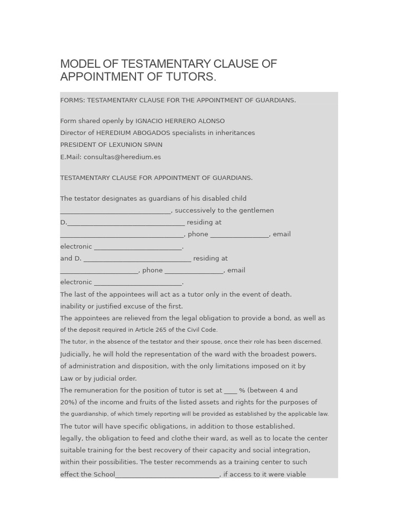 Model of Testamentary Clause For Appointing Guardians | PDF | Will And ...