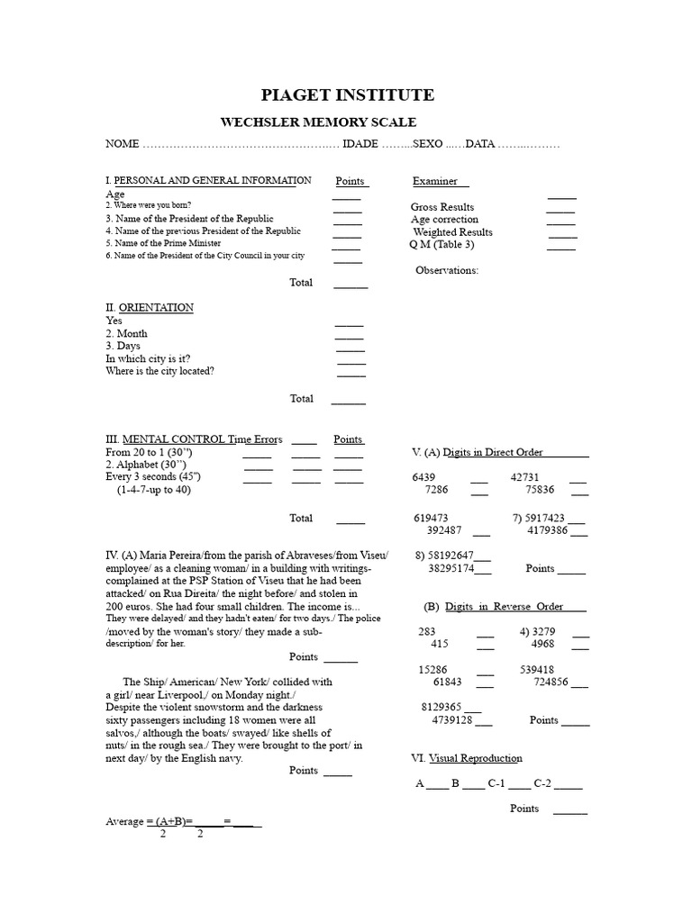 WMS_Memory Scale - Questionnaire | PDF | Psychology | Neuroscience