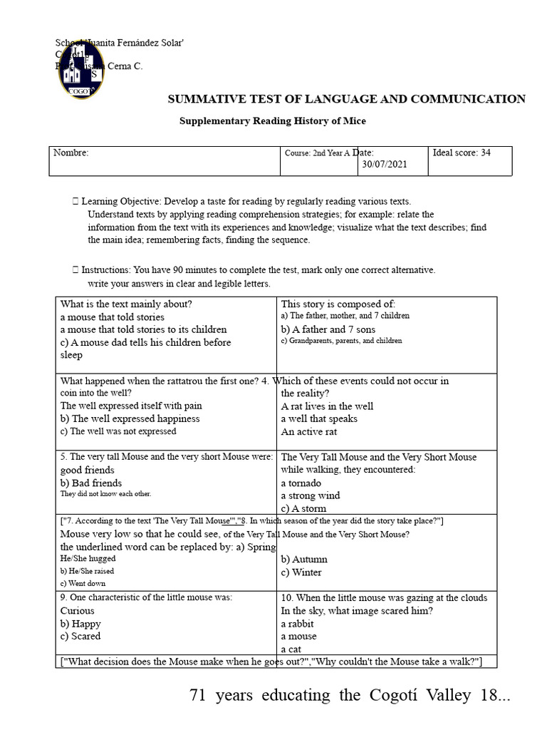 Reading Test Mouse Story | PDF | Reading Comprehension